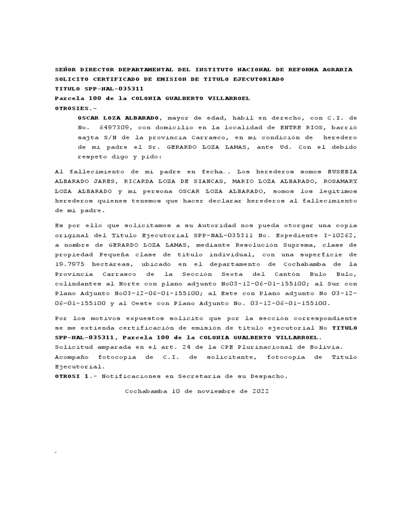 SOLICITUD DE Emision de Certificado INRA | PDF