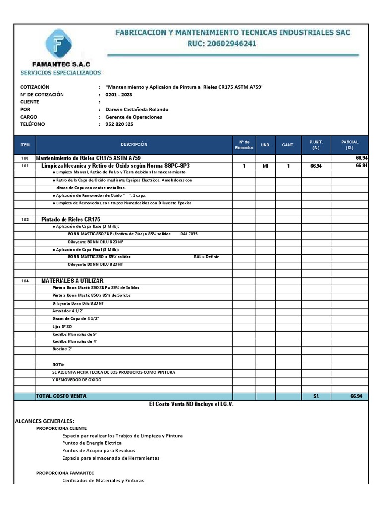 Cotizacion Rieles CR175 ASTM A759 Rev. 01 | PDF | Materiales | Química