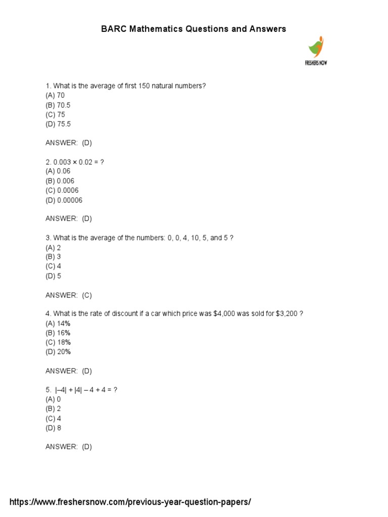 BARC Mathematics Questions and Answers | PDF