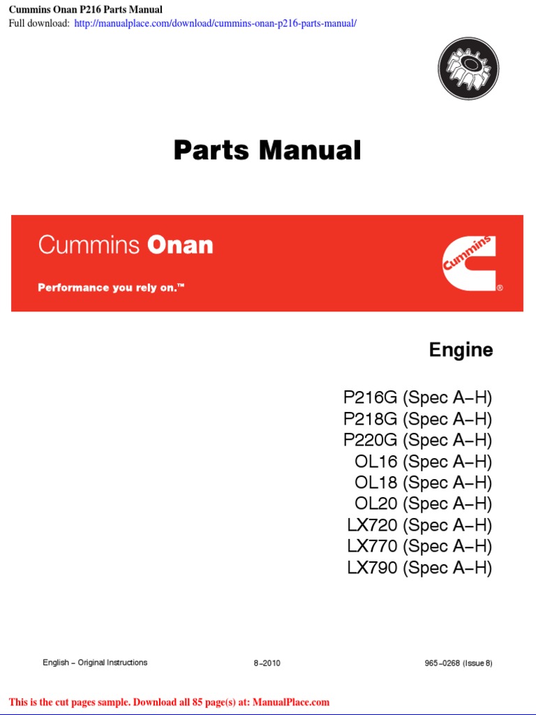 Cummins Onan p216 Parts Manual | PDF | Carburetor | Throttle