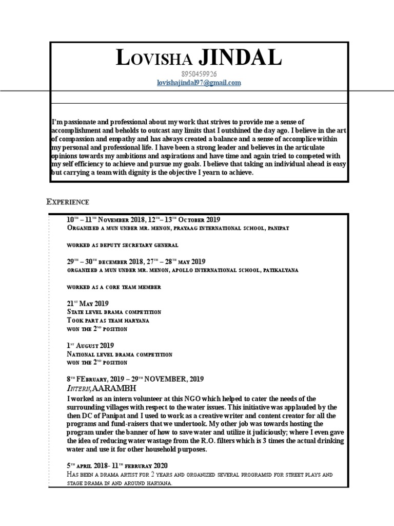 Lovisha Jindal - MUN CV | PDF | Science | Cognition