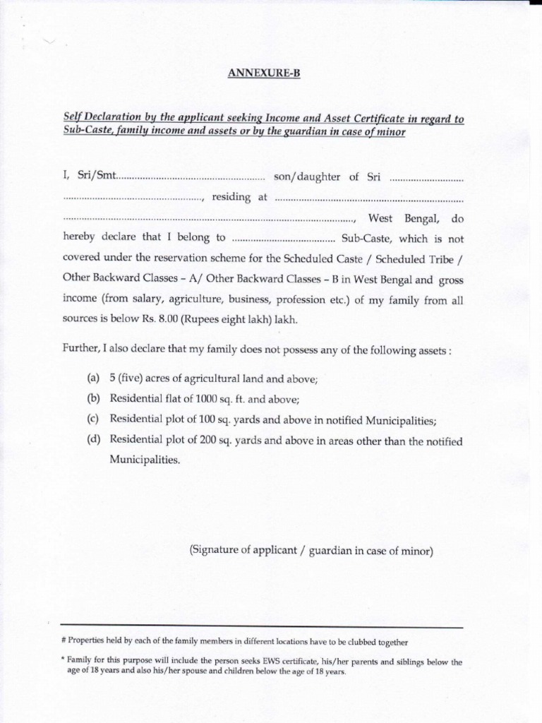 EWS Self Declaration West Bengal | PDF