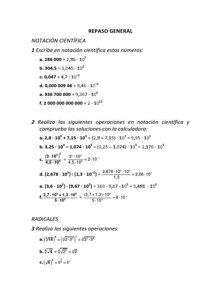 Repaso General (Notación Científica y Radicales) RESUELTO | PDF