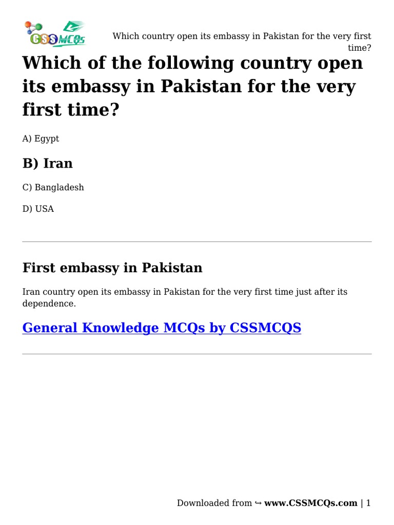 Pakistan's First Embassy: Iran | PDF | Multiple Choice | Pakistan