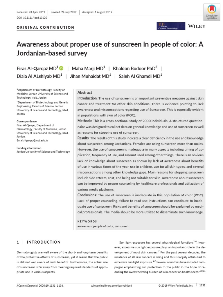 Awareness About Proper Use of Sunscreen in People of Color A Jordanian ...