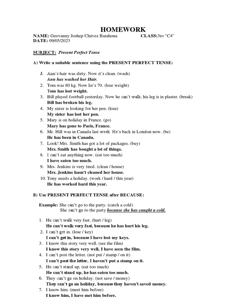 HOMEWORK Present Perfect Geovanny Chávez | PDF