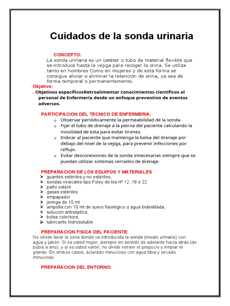 Cuidados de La Sonda Urinaria | PDF | Vejiga urinaria | Sistema urinario