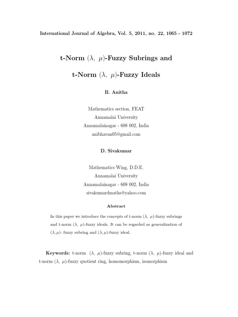 T-Norm (Lam, Mu) Fuzzy Subring | PDF | Ring (Mathematics) | Mathematical Objects