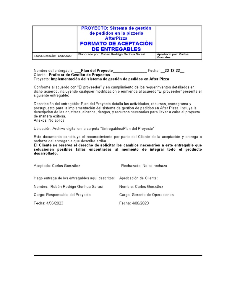 Semana 10 - Word - Formato de aceptacion de entregables (1) (1) | PDF