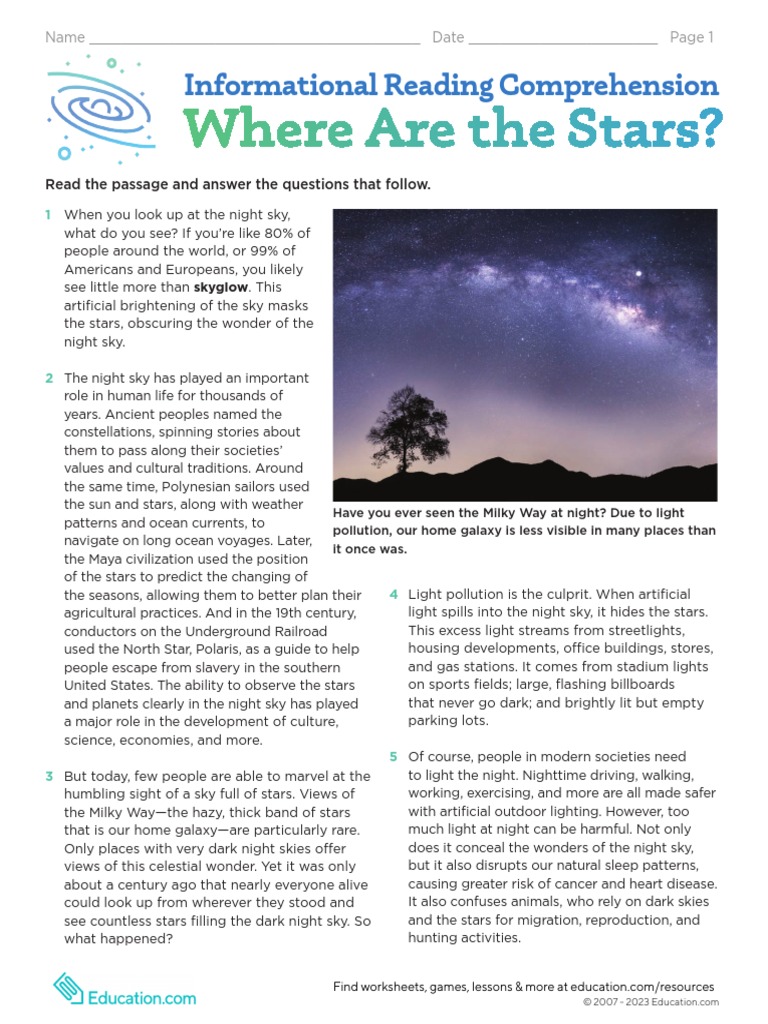 Informational Reading Comprehension Where Are The Stars | PDF | Night ...