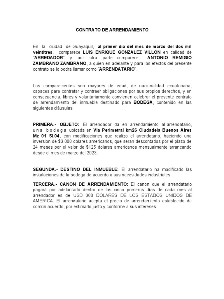 Contrato de Arrendamiento - Modelo 1 WORD | Descargar gratis PDF ...