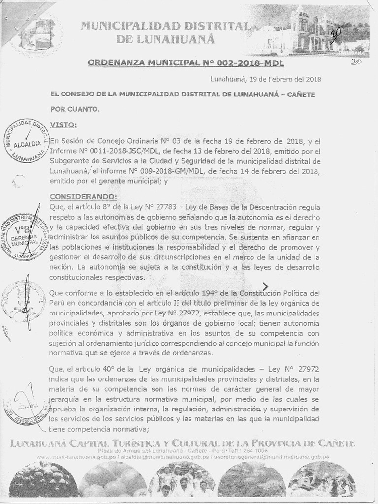 Ordenanza 002-2018-MDL Cuatrimotos LUNAHUANA | PDF