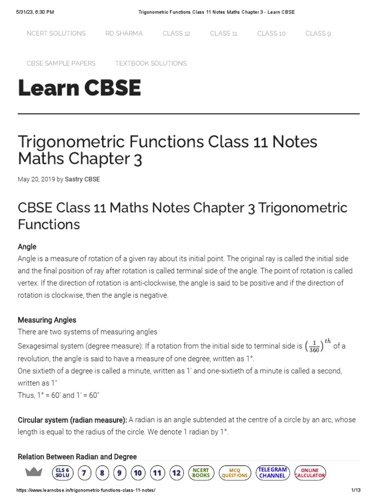 Trigonometric Functions Class 11 Notes Maths Chapter 3 - Learn CBSE ...
