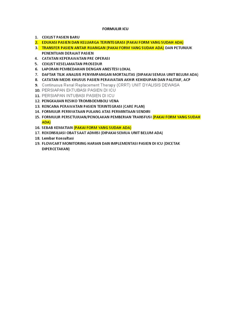 Urutan Formulir Icu | PDF