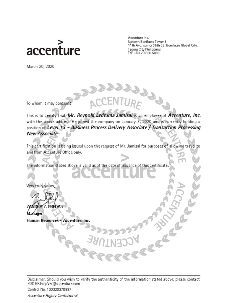 Mr. Reynold Ledesma Jamisal Accenture, Inc. Level 13 - Business Process ...