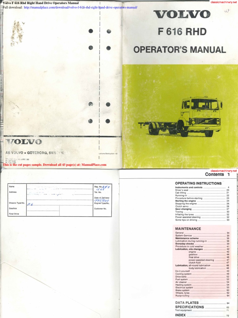 Volvo F 616 RHD Right Hand Drive Operators Manual | PDF