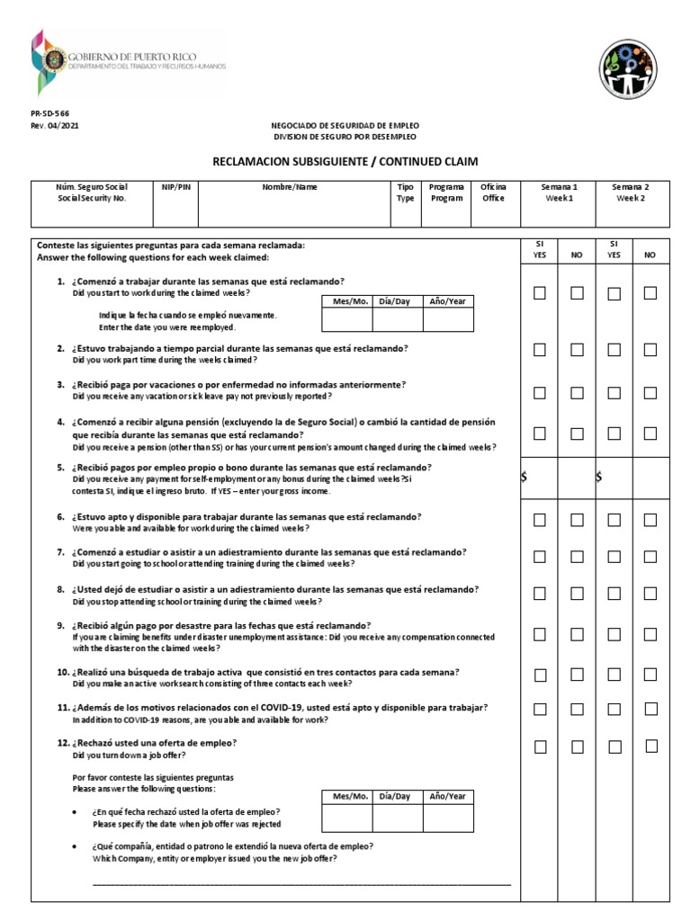 Reclamación Subsiguiente de Desempleo PR-SD-566 | PDF