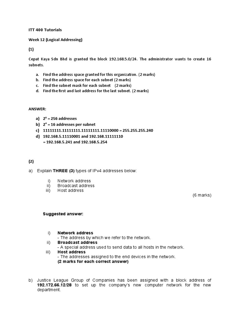 Tutorial Chapter 7 Logical Addressing Answer Scheme | PDF | Computer Network | Network Layer ...