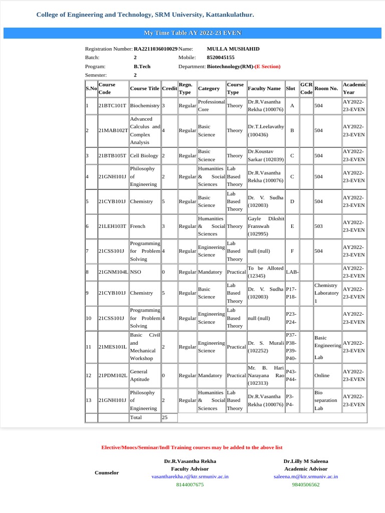 My Time Table 2022-23 | PDF