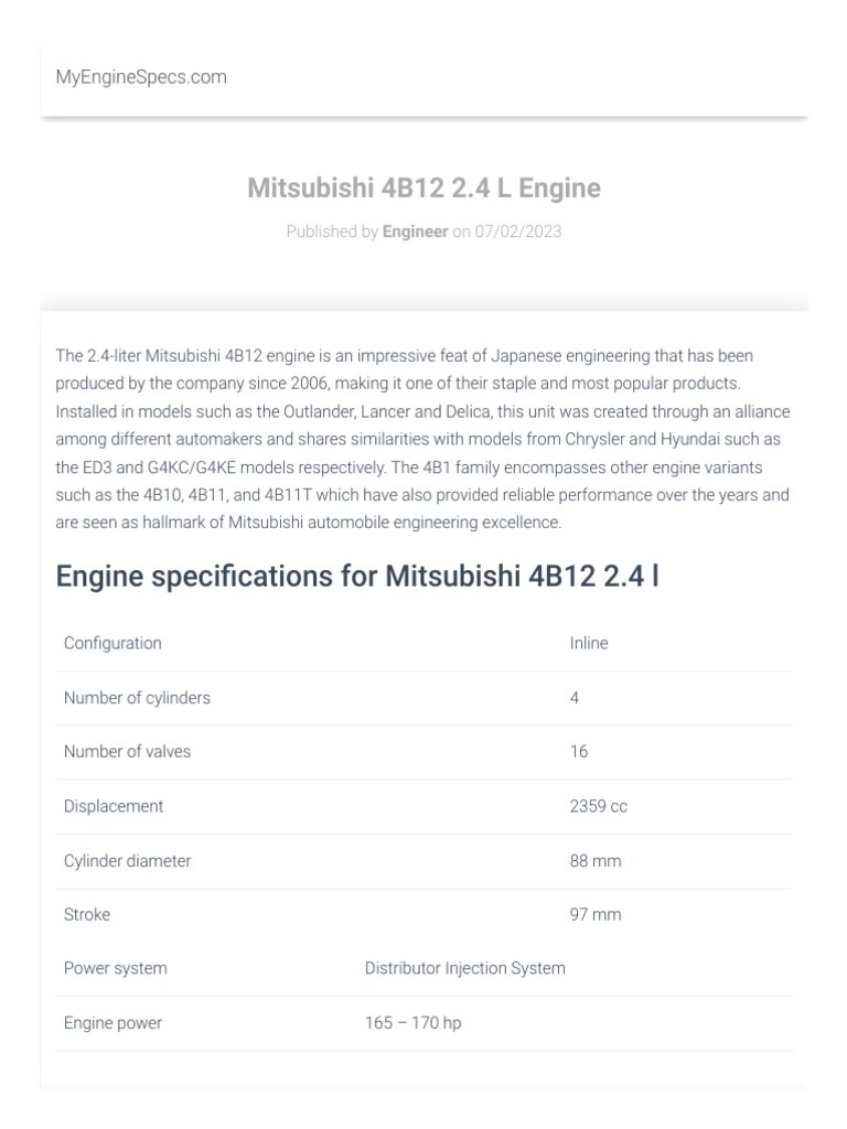 Mitsubishi 4B12 Engine Overview | PDF | Internal Combustion Engine ...