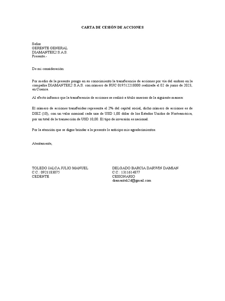 Carta de Cesión DIAMANTEK | PDF
