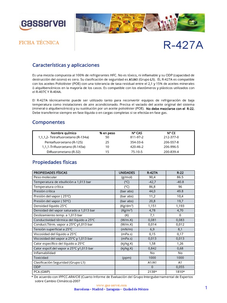 Ficha Tecnica R 427a | PDF | Química Física | Ingeniería Termodinámica