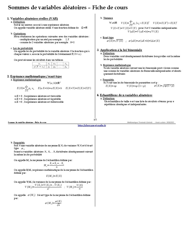 Variables Aleatoires Fiche Cours | PDF | Variable aléatoire | Variance (mathématiques)