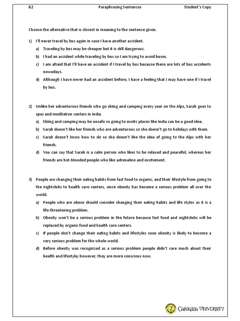 Paraphrasing Test 01 - b2phr001s | PDF