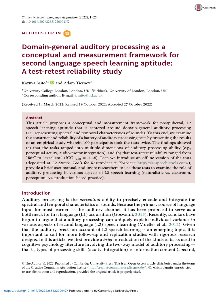 Domain General Auditory Processing As A Conceptual and Measurement Framework For Second Language ...