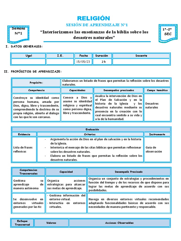 1°-2° Sesión de Aprendizaje Sesión 1-Sem.1-Exp.3-Religion | PDF