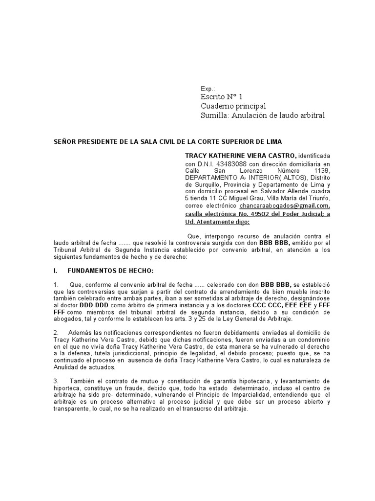 Modelo de Demanda de Anulación de Laudo Arbitral | PDF | Arbitraje ... Modelo de Demanda de Anulación de Laudo Arbitral | PDF | Arbitraje ...