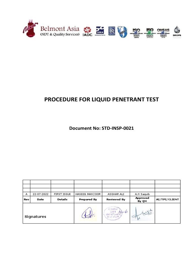 STD-INSP-0021 Procedure for Liquid Penetrant Test | PDF