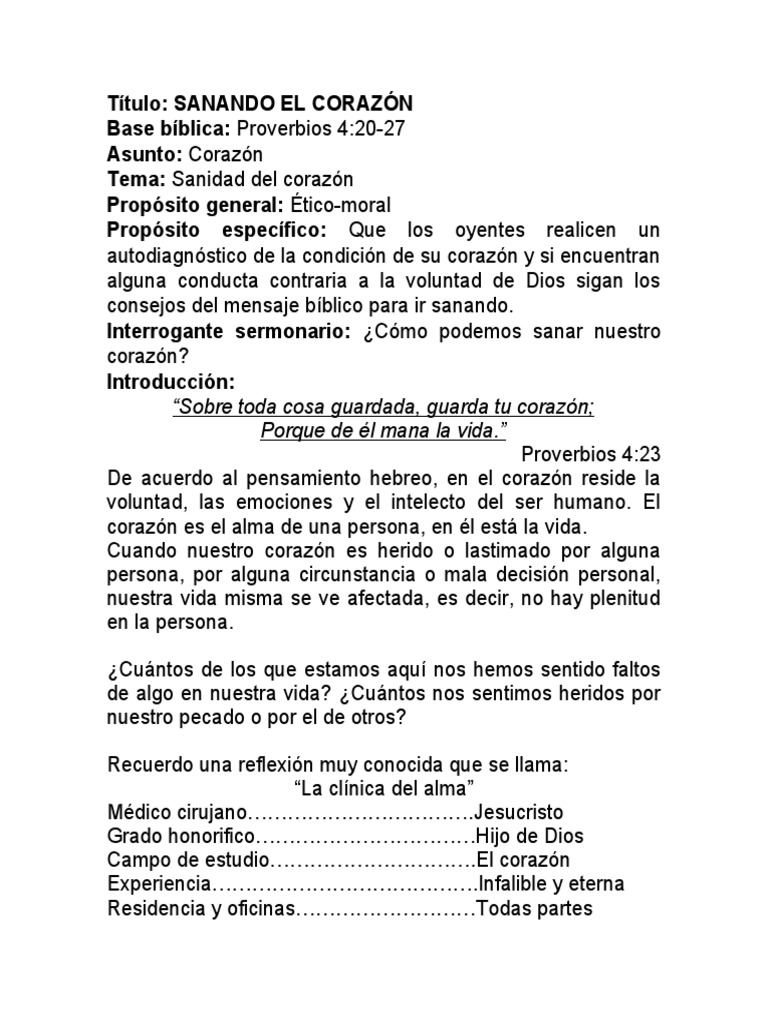 Sermón Sanando El Corazón Prov. 4.20-27 | PDF | Pecado | Cristo (título)