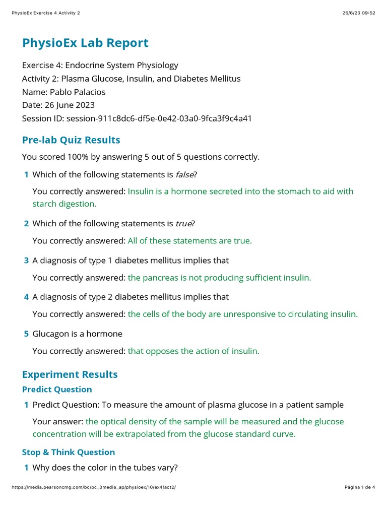 PhysioEx Exercise 4 Activity 2 | PDF | Insulin | Glucose