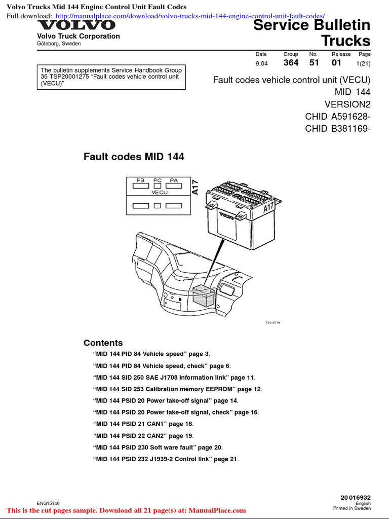 Volvo Trucks Mid 144 Engine Control Unit Fault Codes | PDF