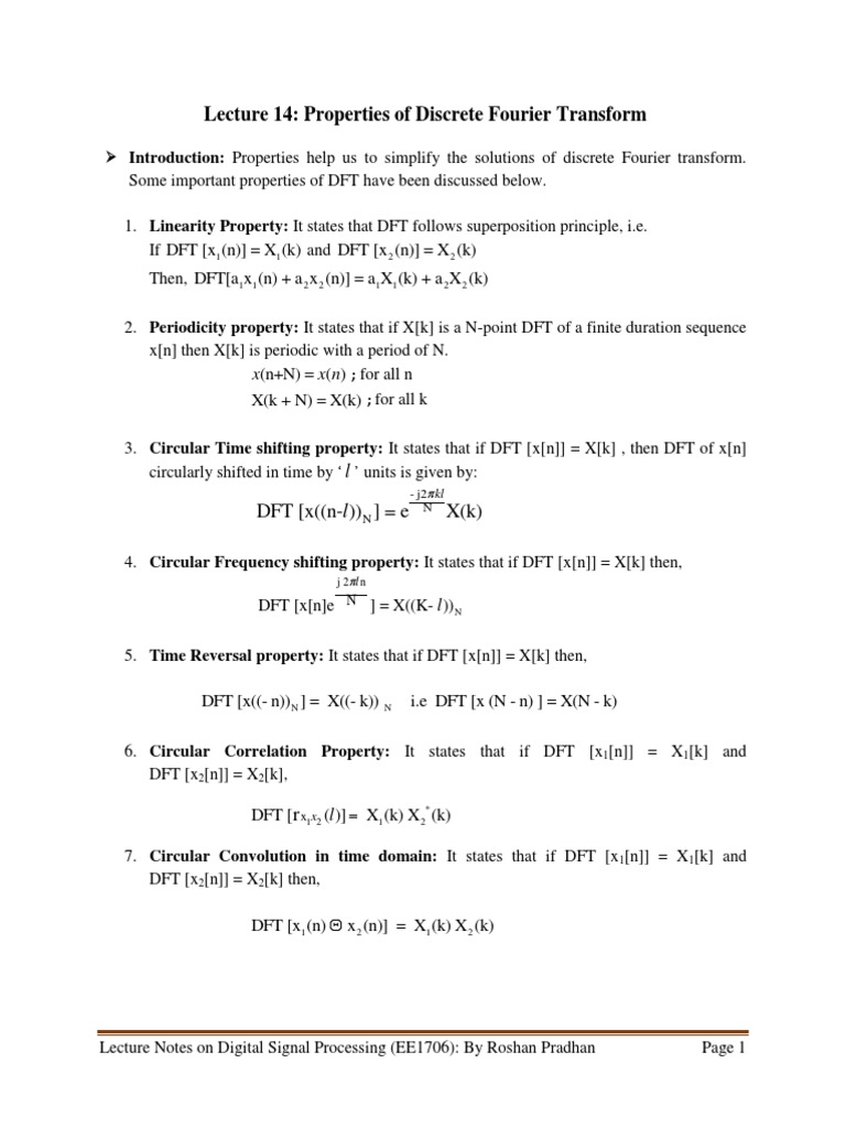 Lecture 14: Properties of Discrete Fourier Transform: DFT (X ( (N ...