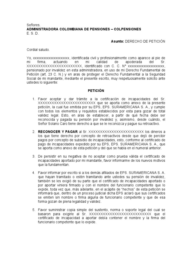 Modelo de Derecho de Petición Colpensiones | PDF | Pensión | Derecho ...