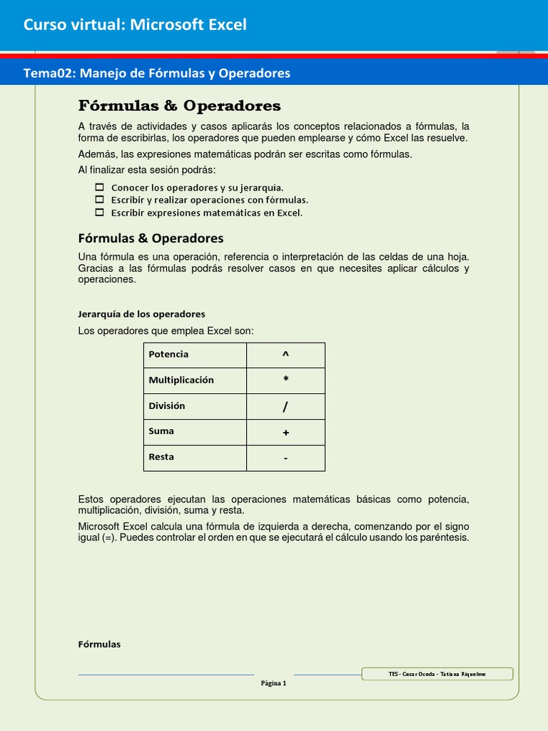 Operadores y Fórmulas en Excel | PDF | Microsoft Excel | Fórmula