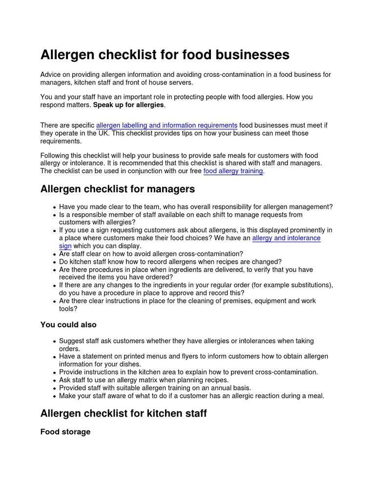 Allergen Checklist | PDF