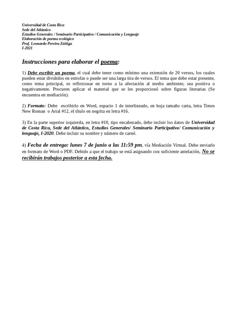 Instrucciones Escritura de POEMA I-2021 | PDF