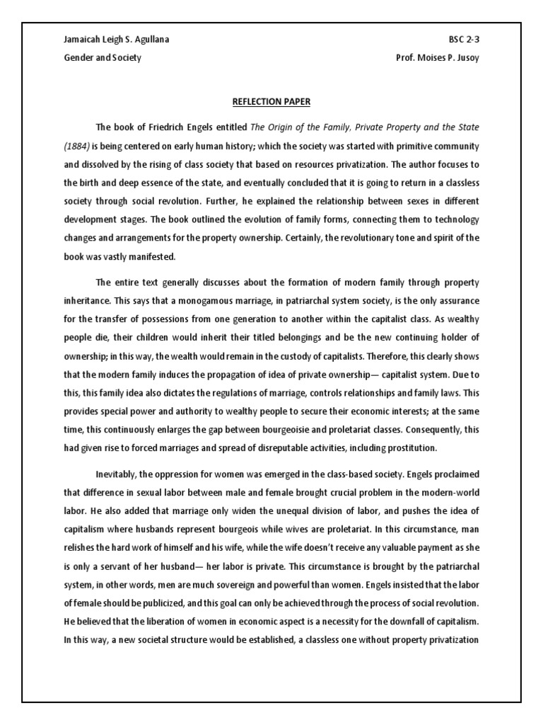 (Reflection Paper) The Origin of The Family, Private Property and The ...