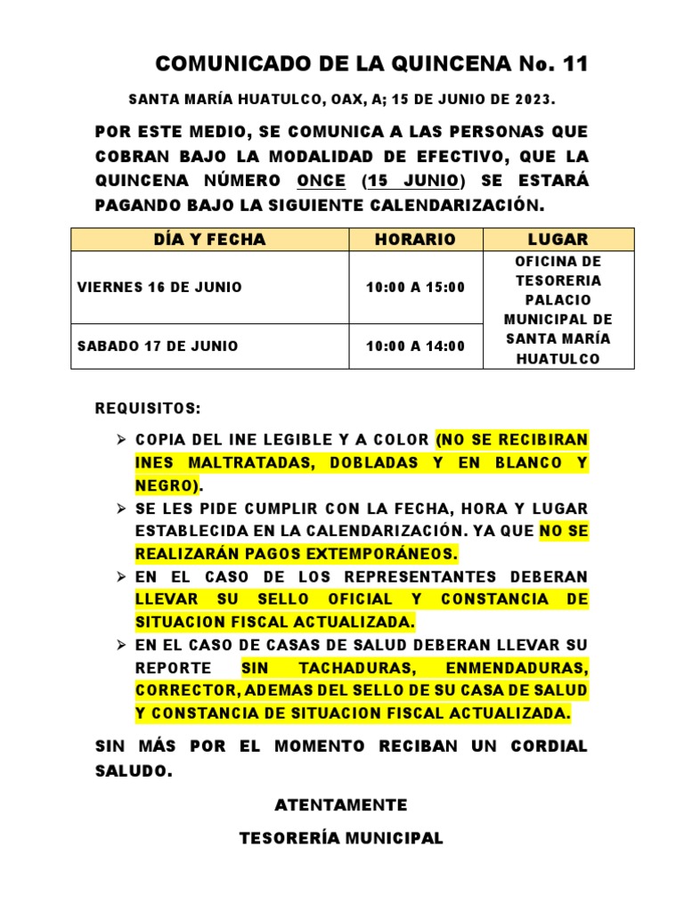 Comunicado de La Quincena 11 | PDF