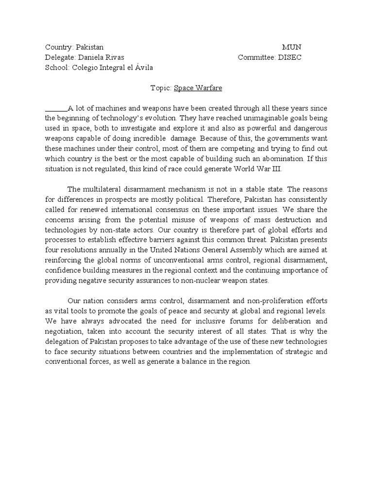 MUN Position Paper #1-Space Warfare | PDF MUN Position Paper #1-Space Warfare | PDF
