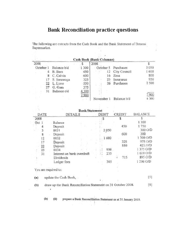 Bank Reconciliation Practice Questions | PDF