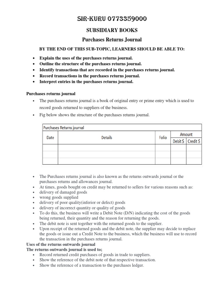 SUBSIDIARY BOOKS Purchases Returns Journal | PDF | Debits And Credits ...