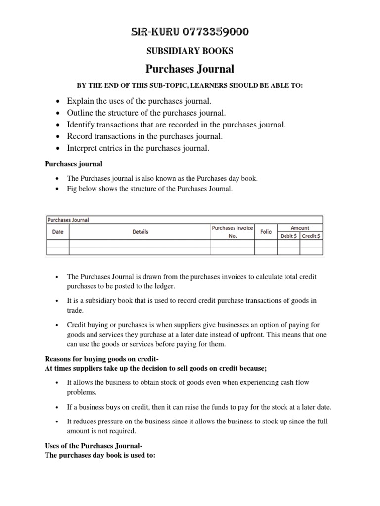 SUBSIDIARY BOOKS Purchases Journal | PDF | Debits And Credits ...