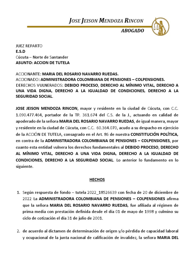 Tutela contra Colpensiones en Cúcuta | PDF | Pensión | Derecho ...