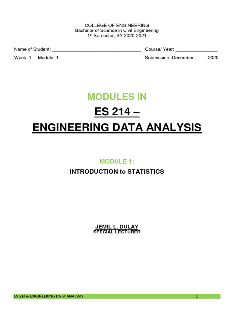 Eng'g Data Analysis Module 1 | PDF | Statistics | Level Of Measurement