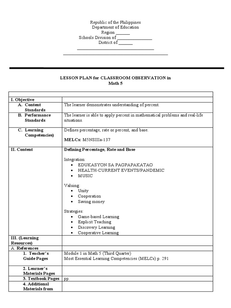 Math 5 Lesson Plan for Teachers | PDF | Percentage | Learning