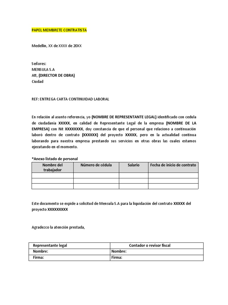 Anexo 03. Modelo Carta Continuidad Laboral | PDF